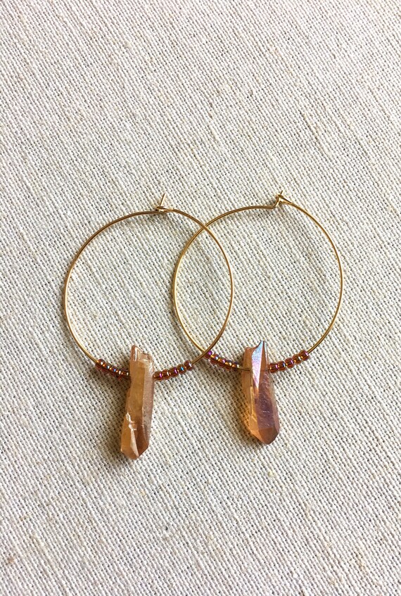 Peach and Gold Boho Hoops Raw Crystal Points With Seed Beads | Etsy