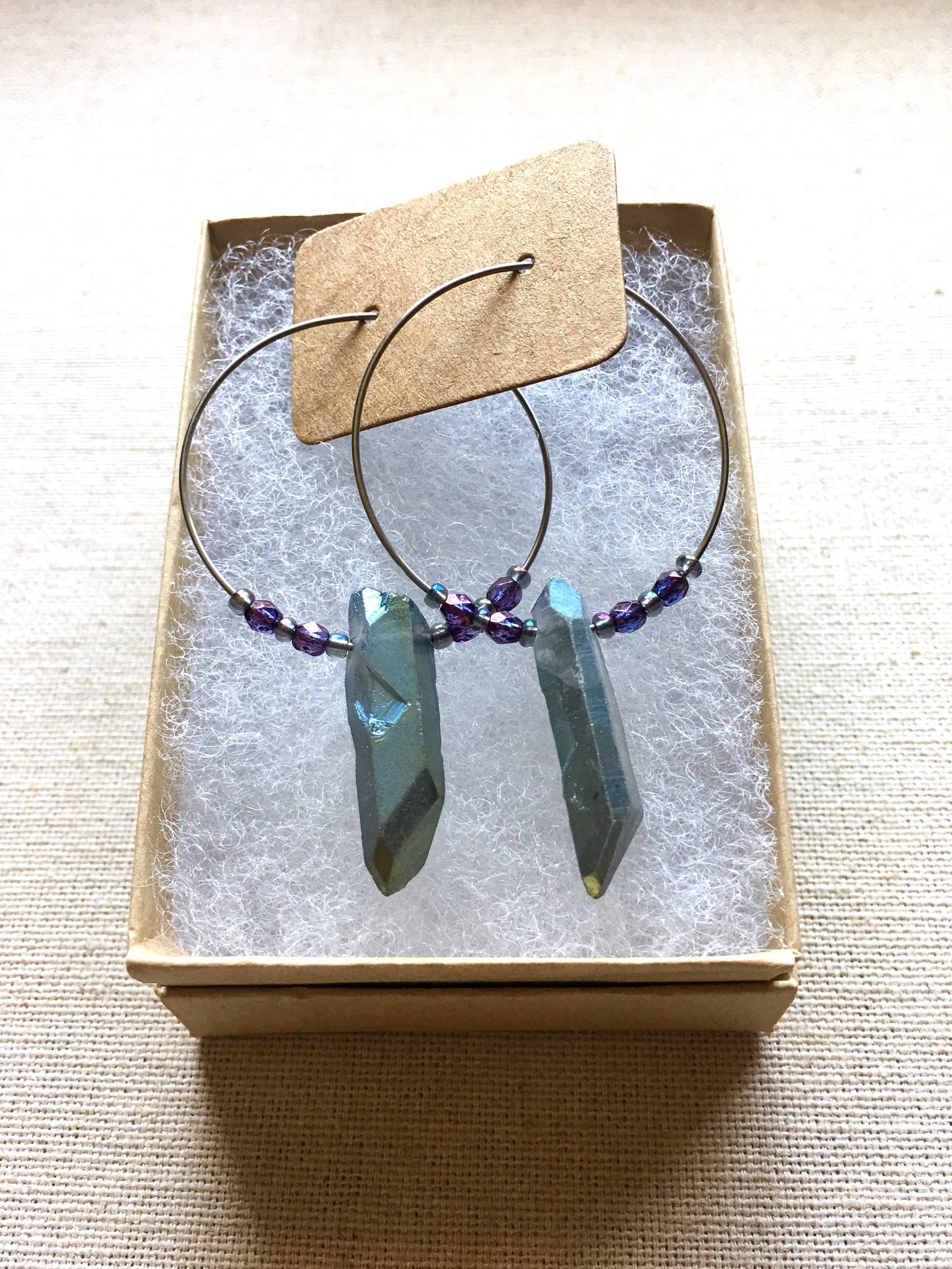 Peach and Gold Boho Hoops Raw Crystal Points With Seed Beads | Etsy