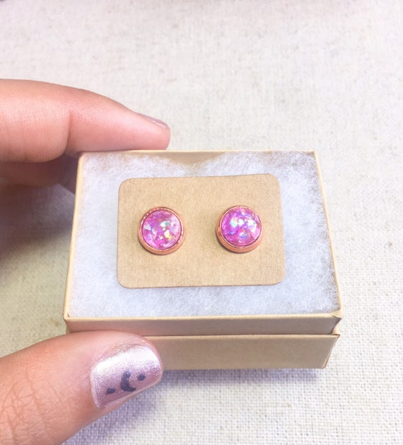 Mini Faux Opal Earrings Purple Magenta and Rose Gold Setting | Etsy