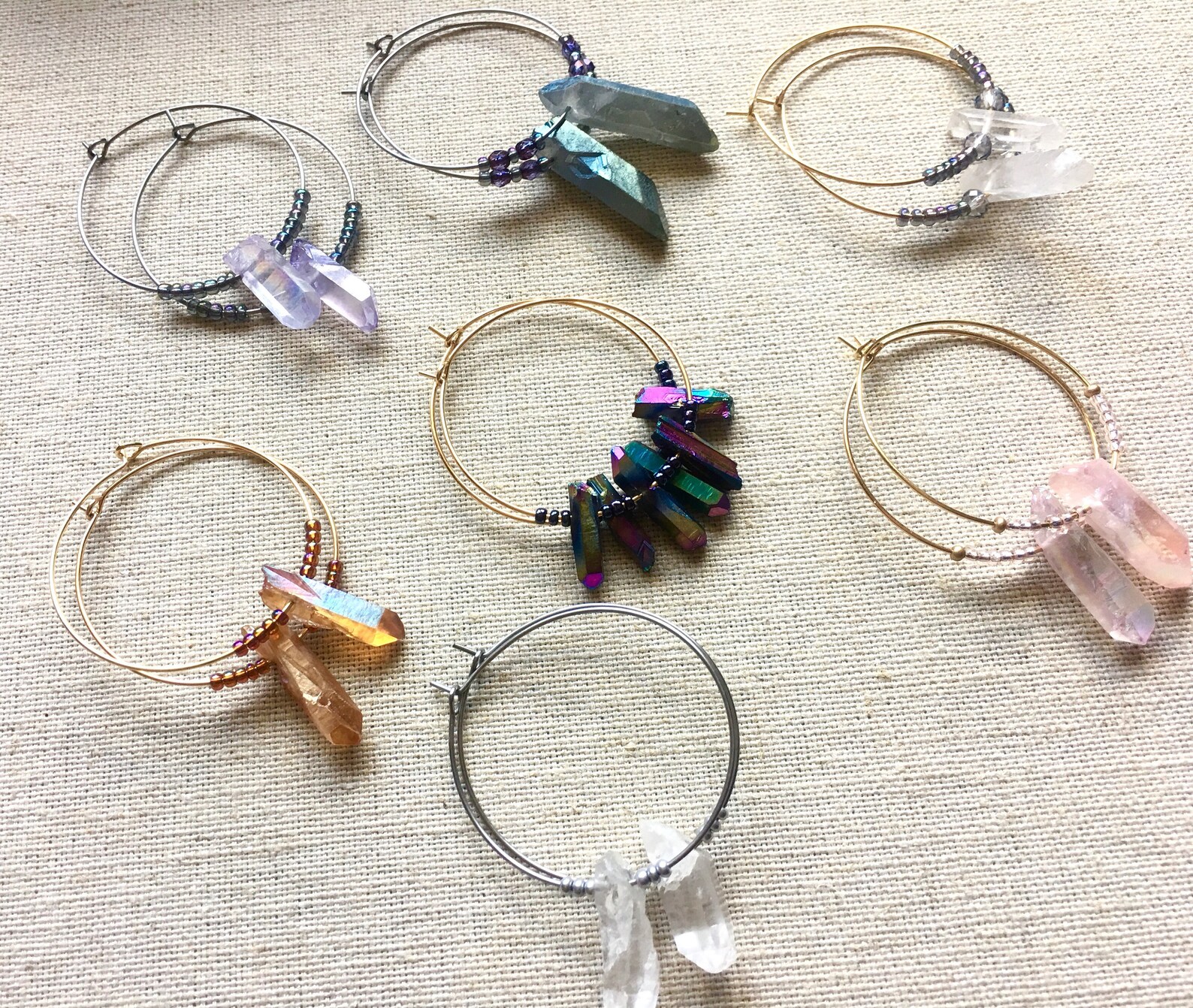 Peach and Gold Boho Hoops Raw Crystal Points With Seed Beads | Etsy