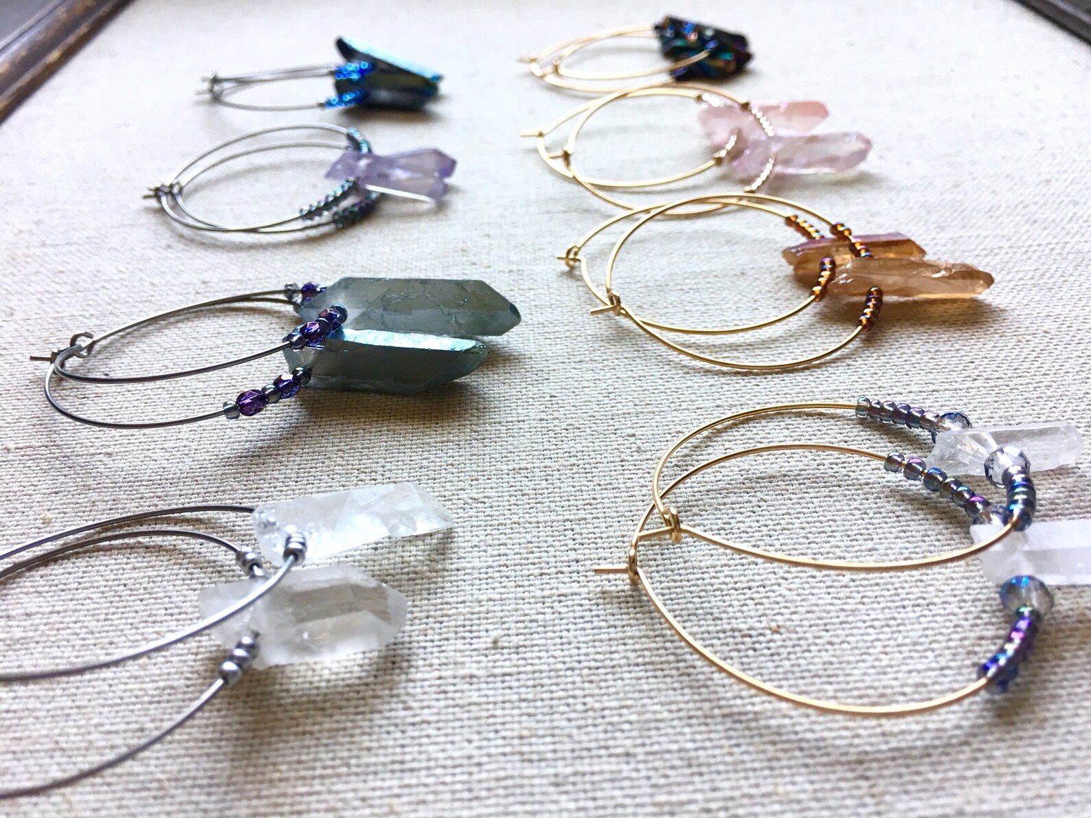 Peach and Gold Boho Hoops Raw Crystal Points With Seed Beads | Etsy