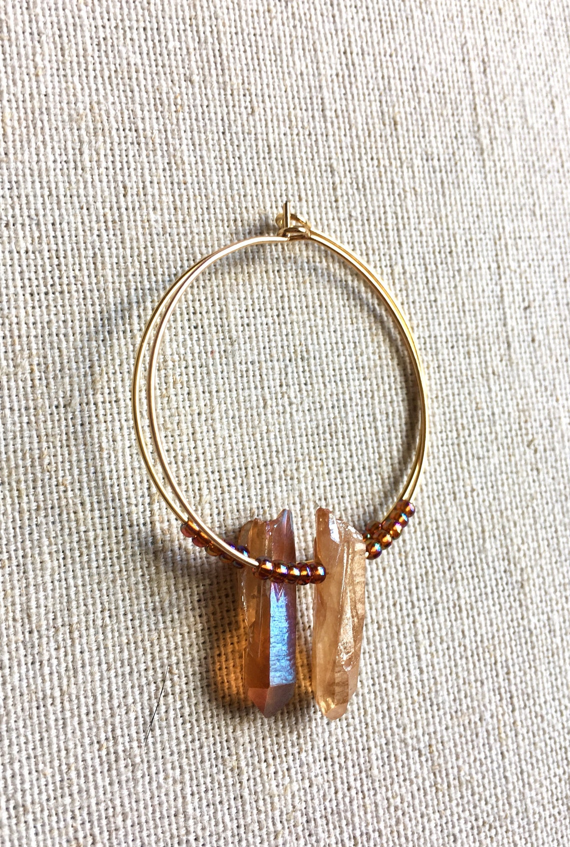Peach and Gold Boho Hoops Raw Crystal Points With Seed Beads | Etsy