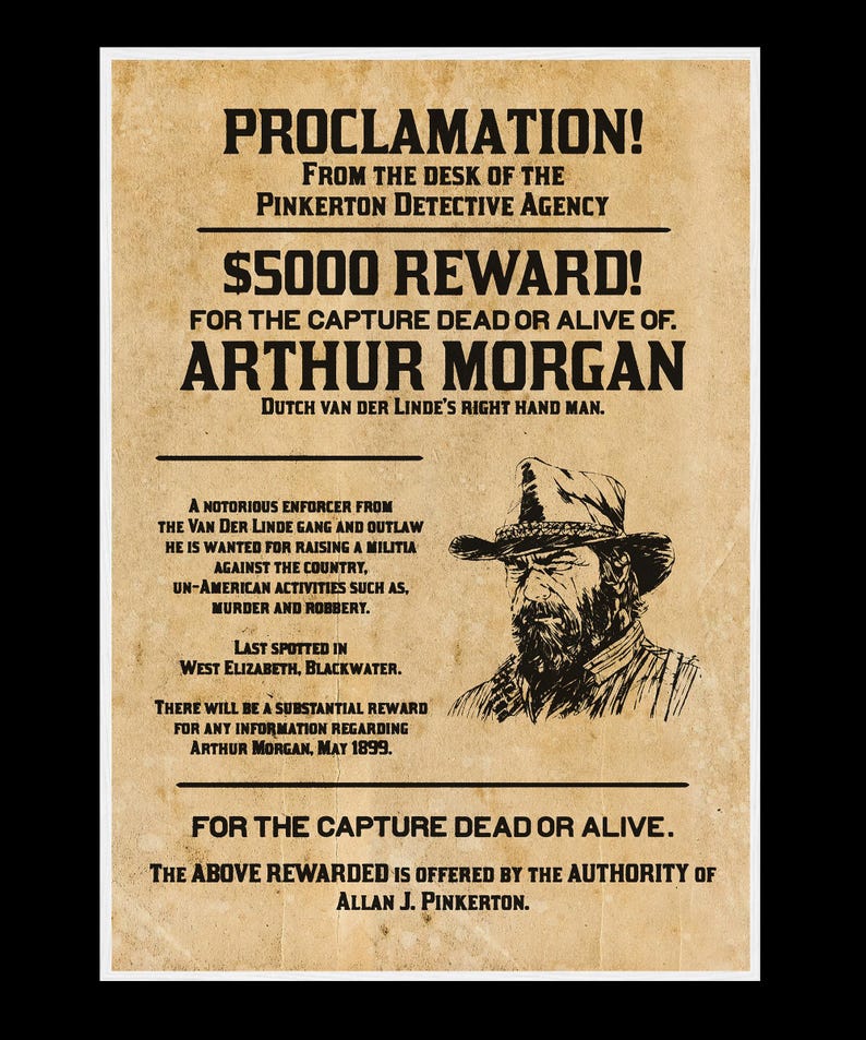 Arthur Morgan WANTED BOUNTY Poster Design original de Red Dead ...