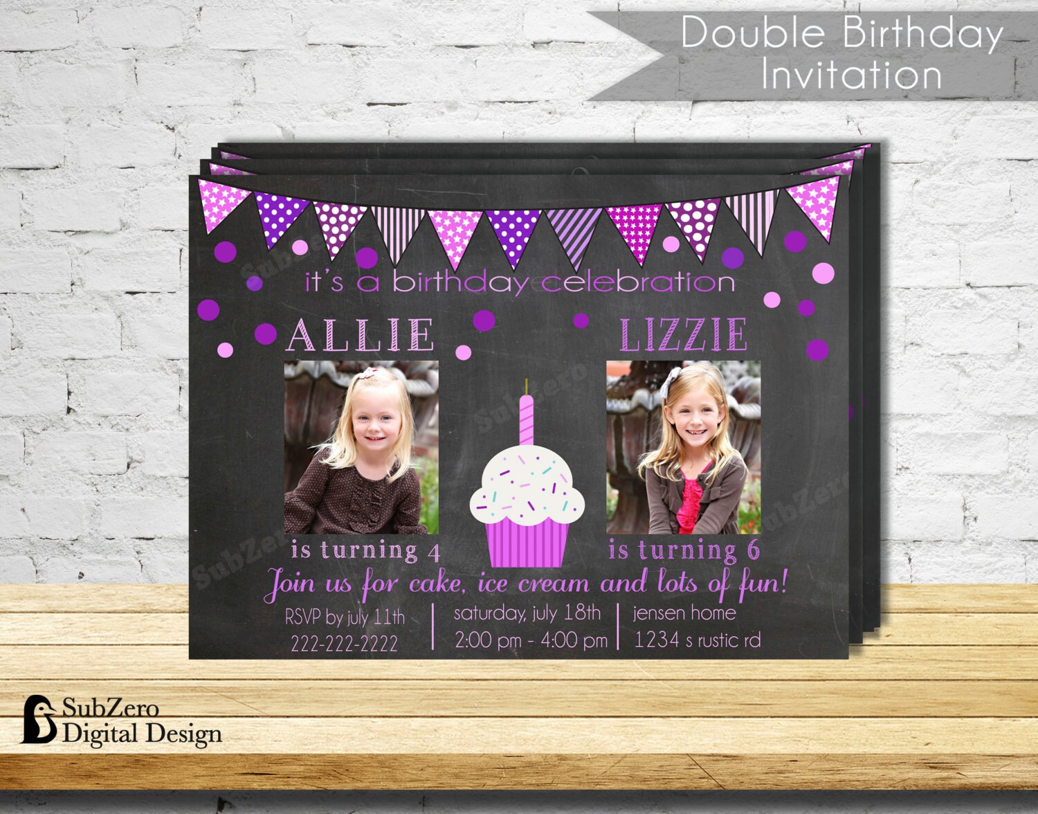 Double Birthday Party Invitation - Pink and Purple Party Invitation ...