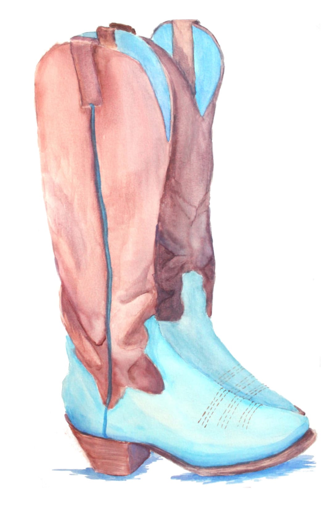 Cowboy Boots Watercolor Printoriginal Turquoise Shoes Painting Blue and ...
