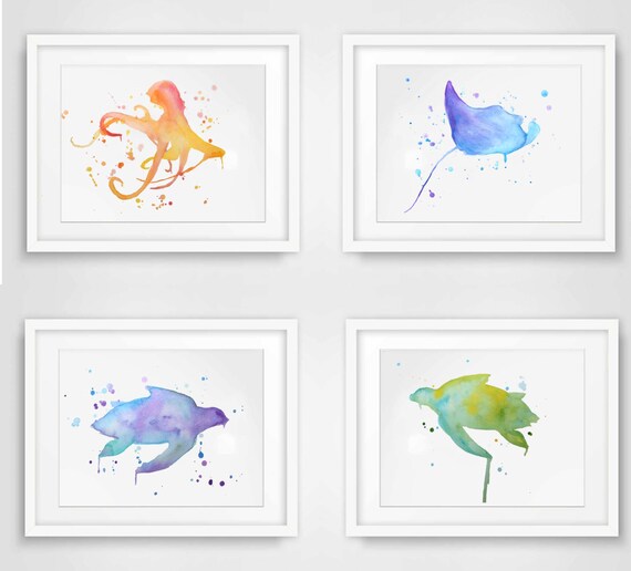 Sea Creatures Watercolor Prints Setabstract Turtles | Etsy