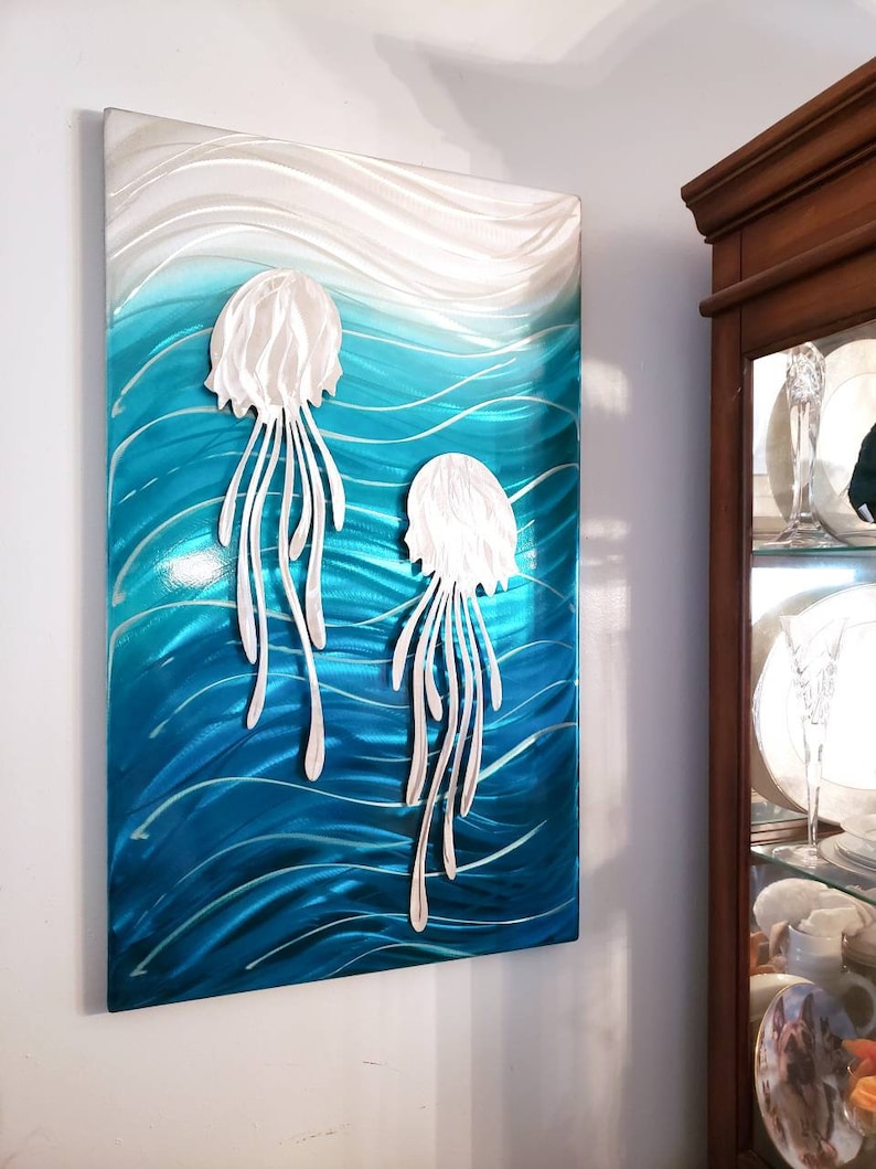 Jellyfish Shadow Box Art Aluminum Ocean Wall Art Blue Waves - Etsy