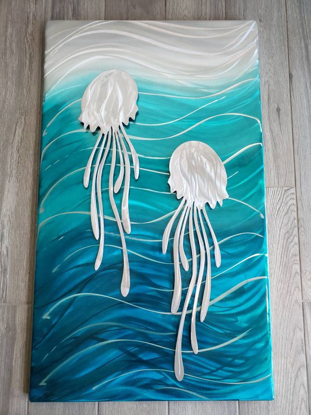 Jellyfish Shadow Box Art, Aluminum Ocean Wall Art, Blue Waves Wall ...