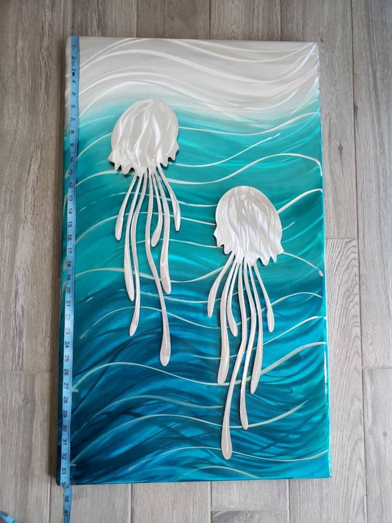 Jellyfish Shadow Box Art, Aluminum Ocean Wall Art, Blue Waves Wall ...