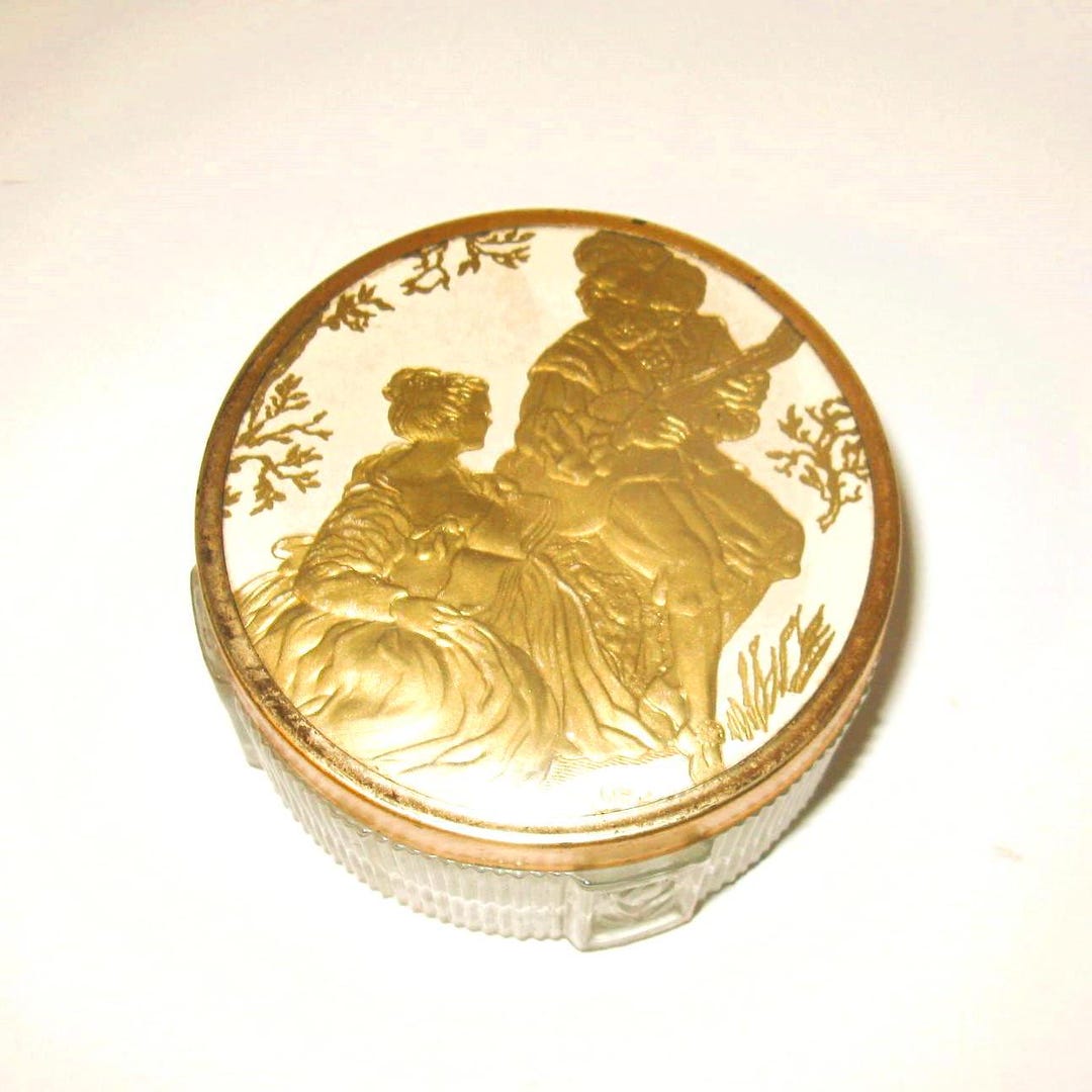 Art Deco Powder Box, Trinket Box, Jewelry Box, Clear Glass With Gold ...