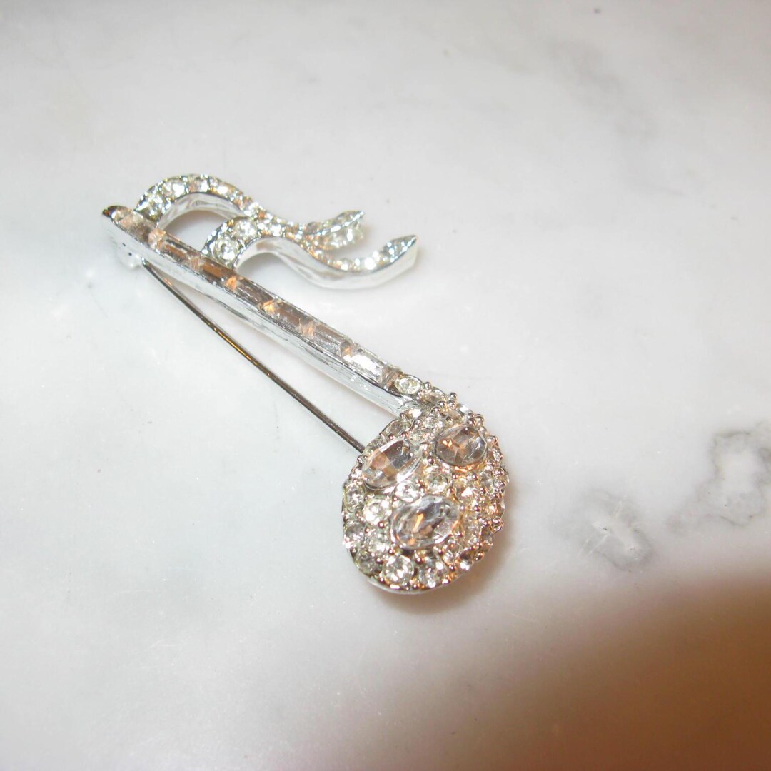Vintage Musical Note Brooch Gold With Clear Rhinestones 2.5" Long - Etsy