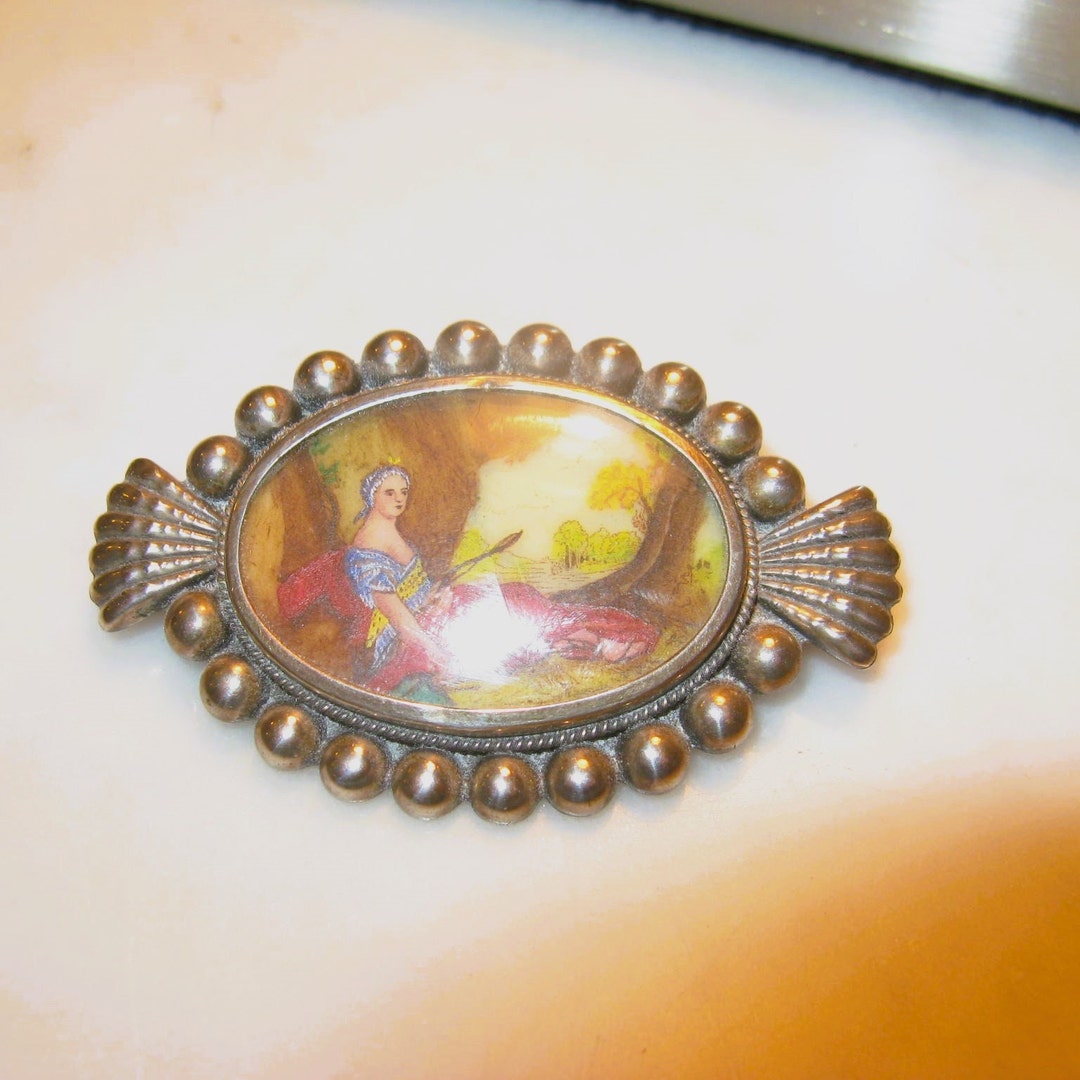 Vintage Hand-painted .800 Silver Exotic Brooch, Young Woman in a ...