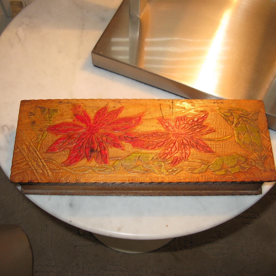 Antique 1900-1925 Era Pyrographic, Pokerwork Pencil Box, With Colored ...