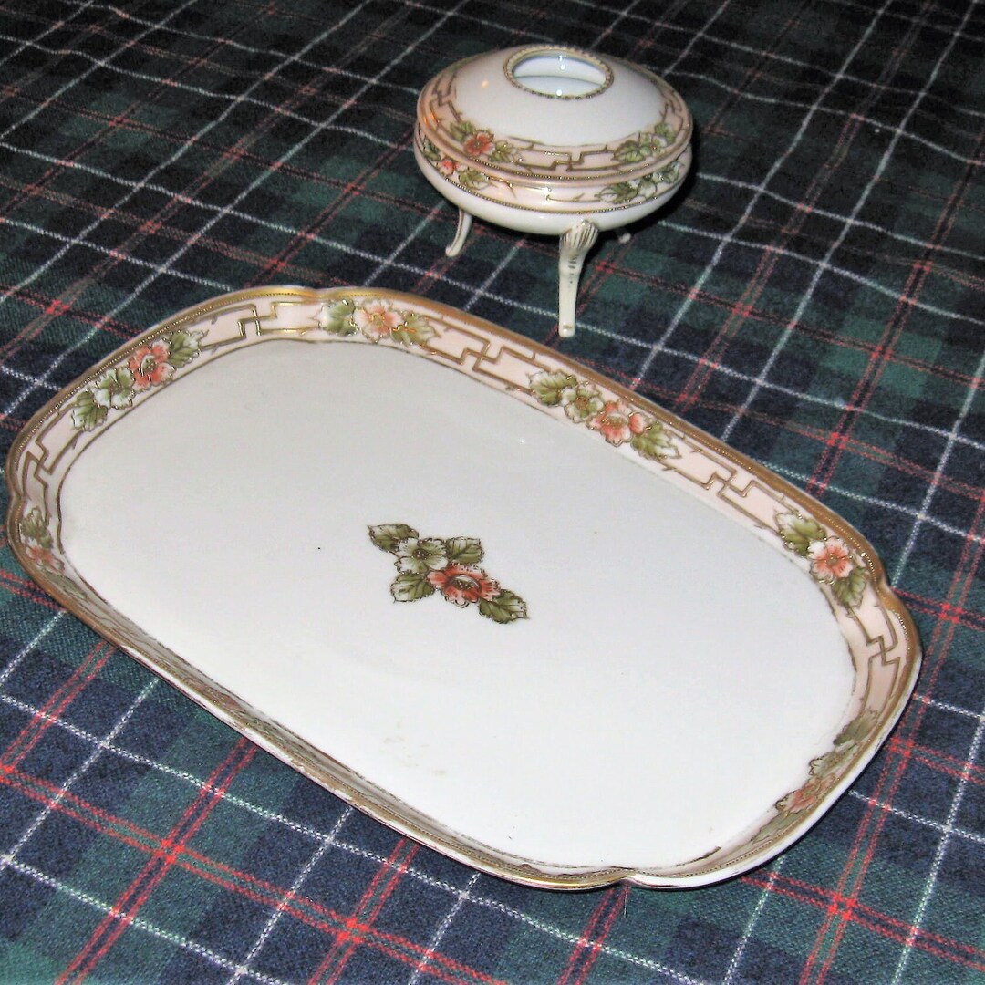 Hand-painted Noritake Green Mark Porcelain Hair Receiver With Matching ...