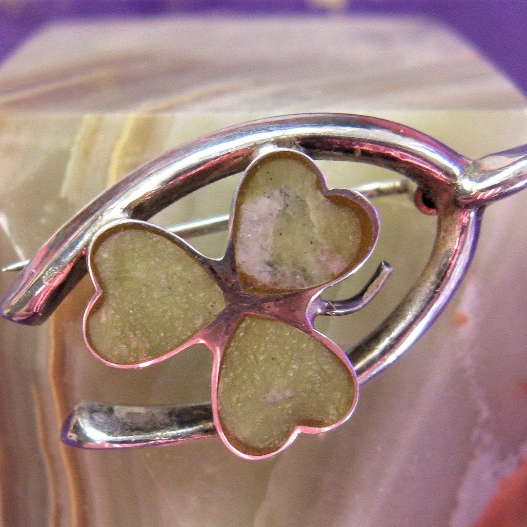 Sterling Lucky Horseshoe and Shamrock Brooch Pin Connemara Marble, 1 1/ ...
