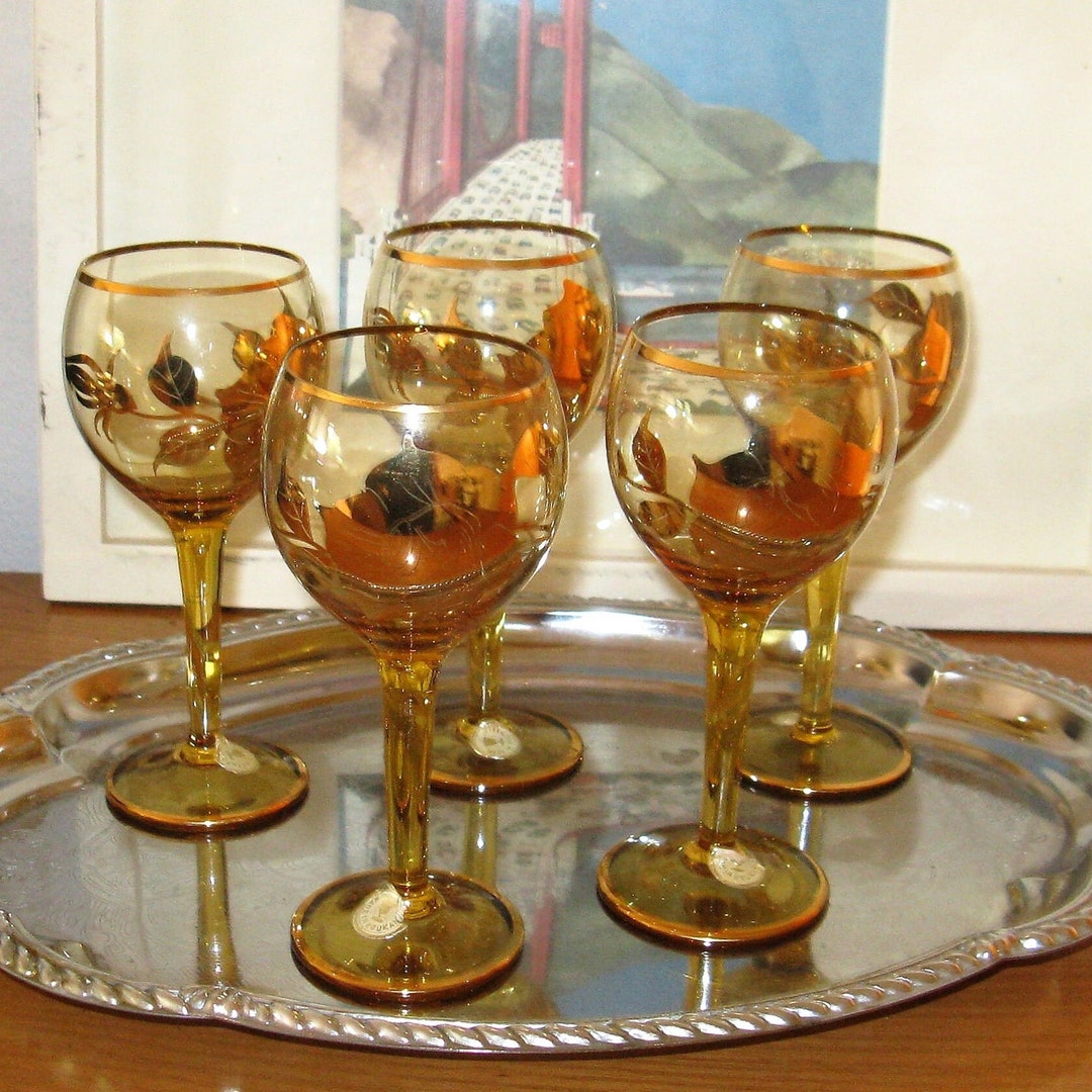 5 MCM Gold Hand Decorated Cordial Glasses - Romanian Elegant Glassware ...