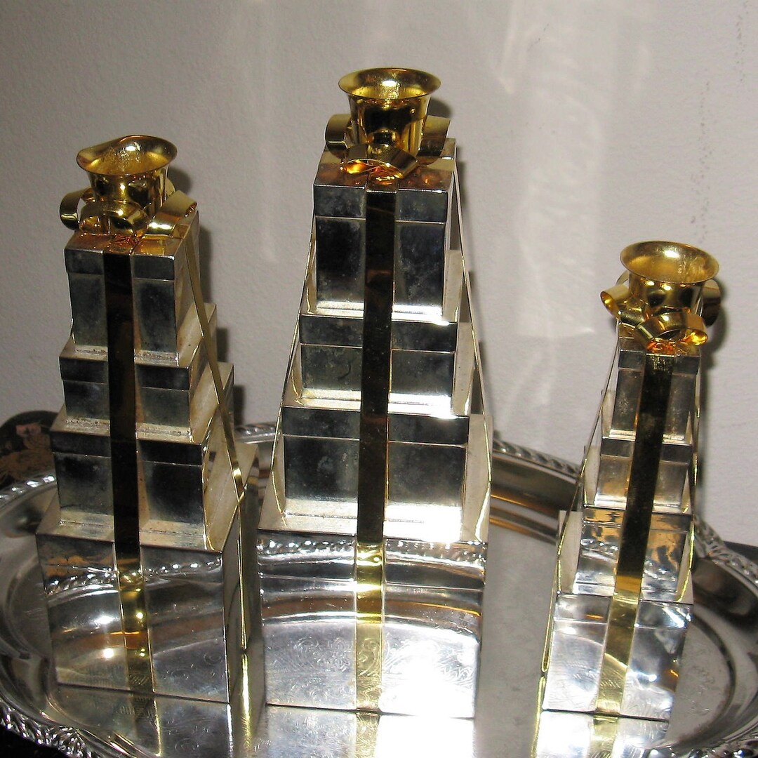 Godinger Silver Plate Candlestick Set: Stacked Gift Design, Graduated ...