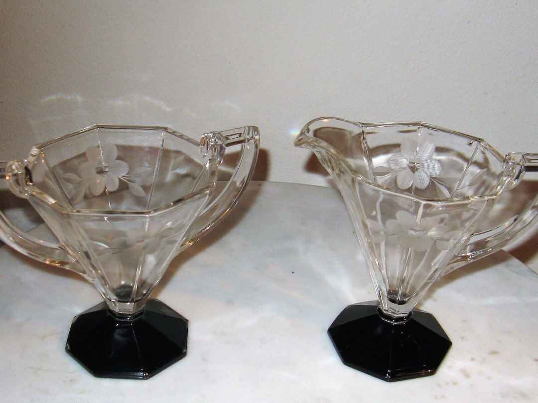 Vintage Art Deco Creamer& Sugar Etched Glass With Black Glass Base, 5 ...