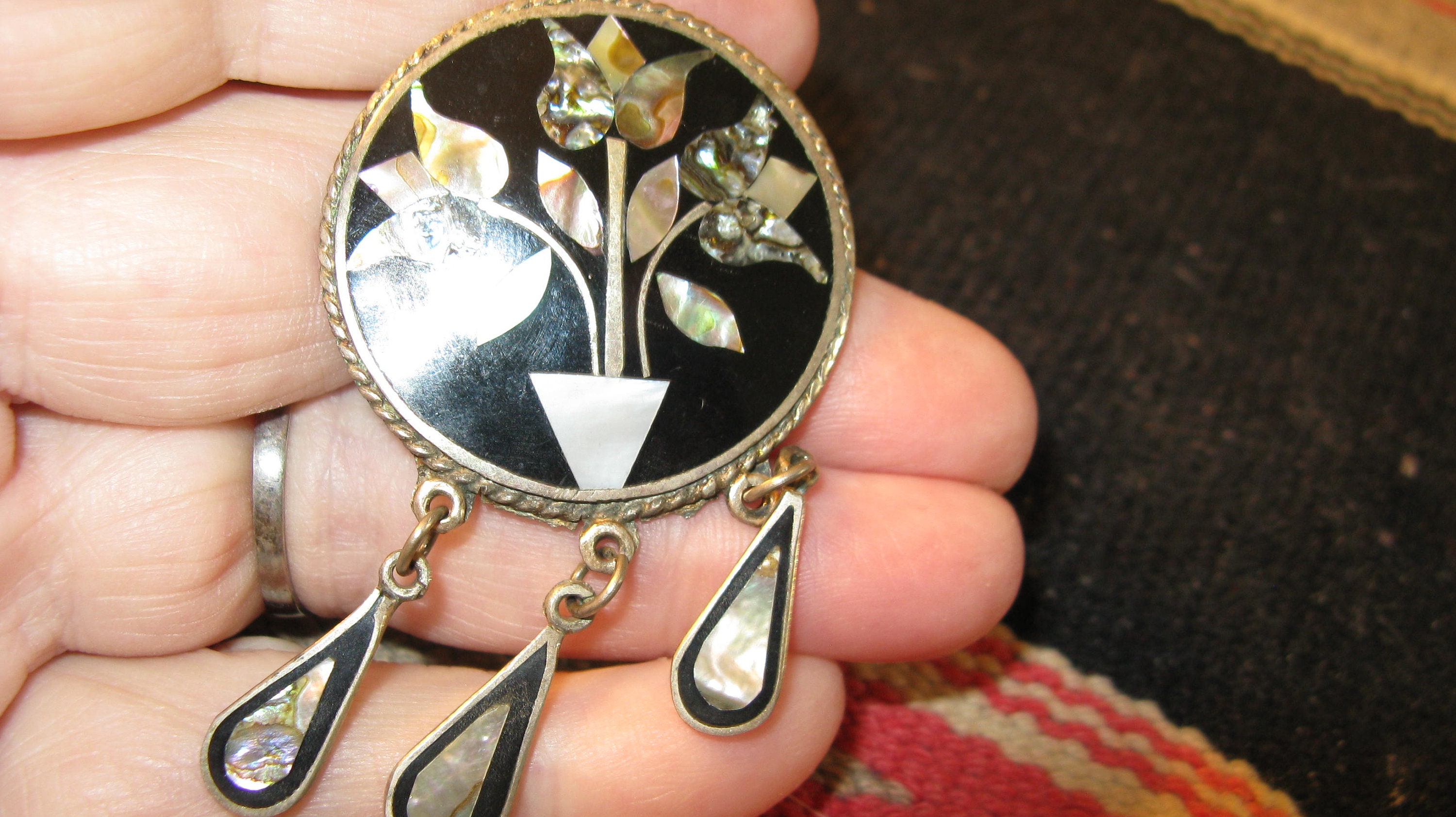 Mexican Alpaca Silver Brooch: Abalone Inlaid Flower Vase - Etsy
