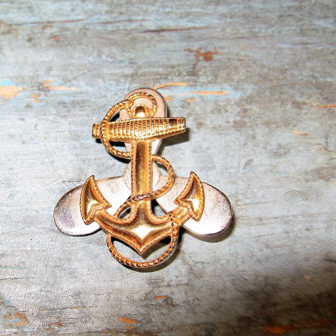 Navy Sterling Anchor and Propeller Brooch, Waves US Military Pin, Gold ...