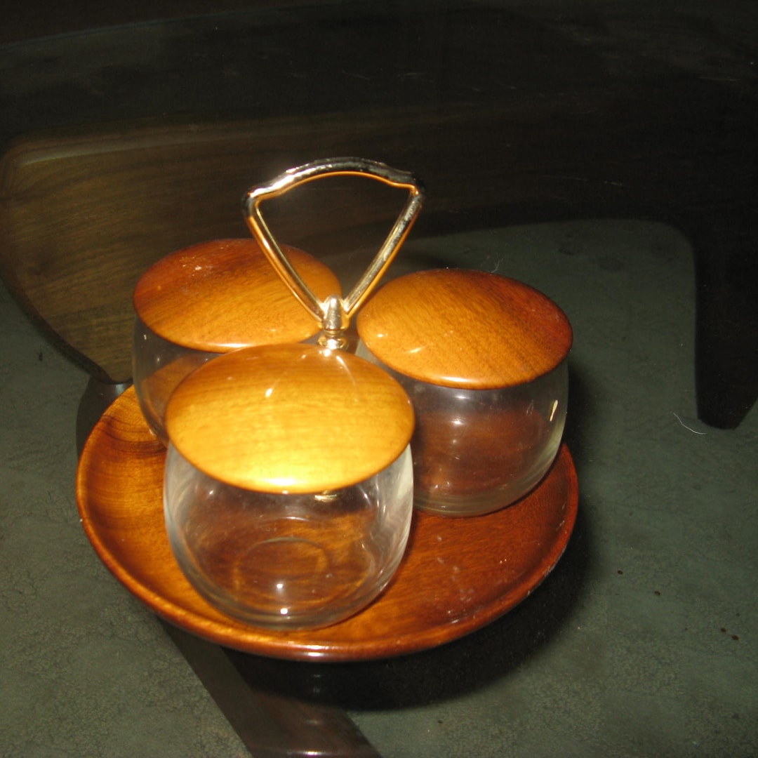 Vintage 1970's MCM Myrtle Wood Condiment Set – 4 Covered Glass Pots ...