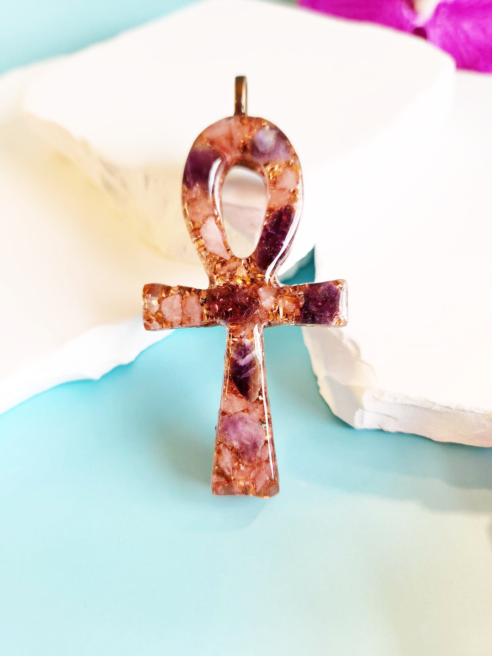 Rose Quartz & Amethyst Ankh Orgonite Pendant Egyptian Symbol 5G Block ...