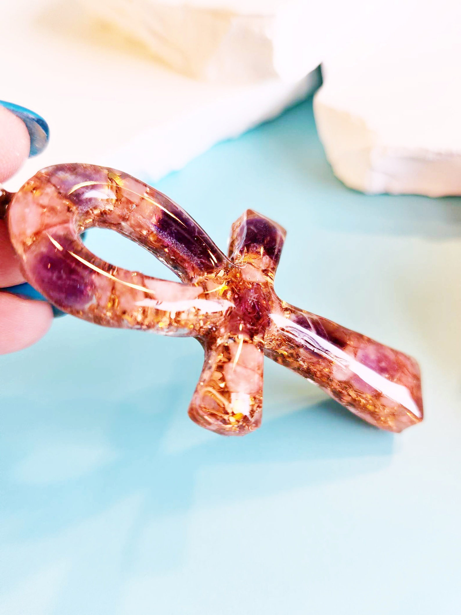 Rose Quartz & Amethyst Ankh Orgonite Pendant Egyptian Symbol 5G Block ...