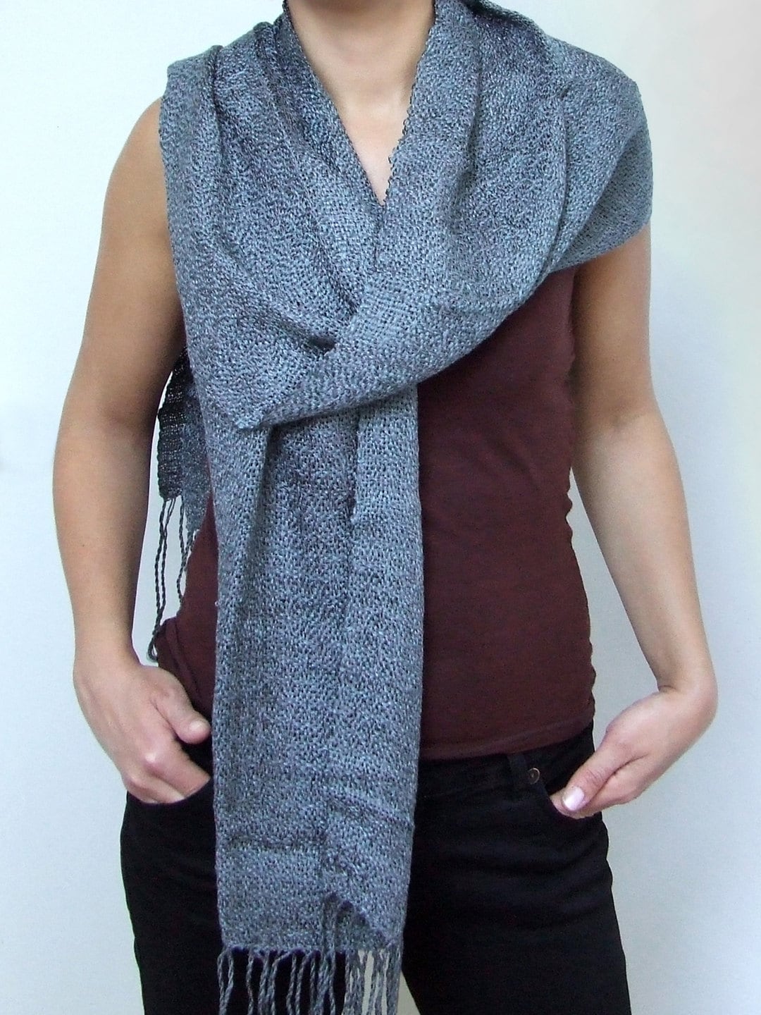 Gray Scarf Cotton Viscose Scarf Fashion Scarf Hand Woven Scarf Grey ...