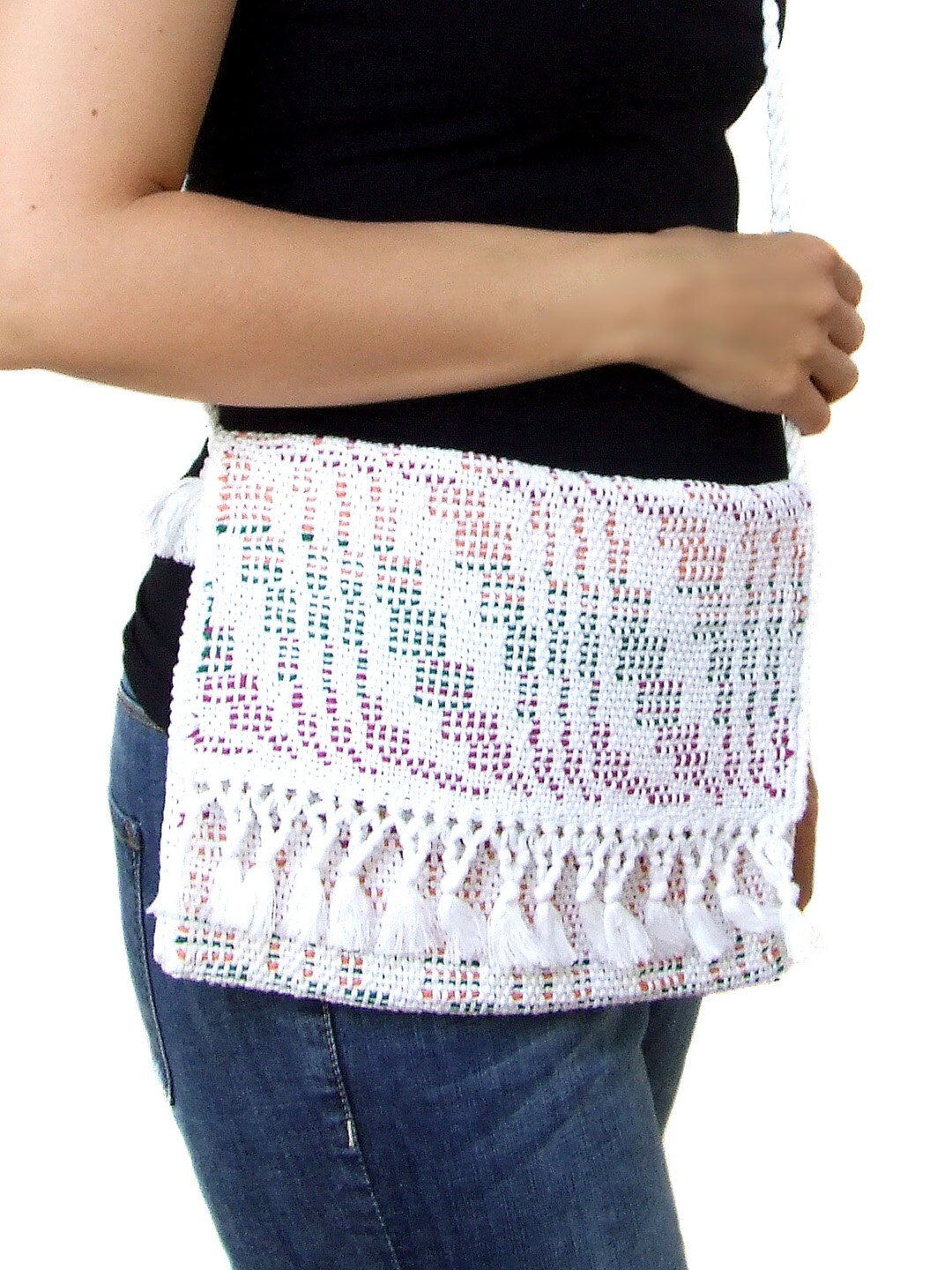 Ladies Purse Handwoven Cotton Fabric Green Satin Lining White Handbag ...