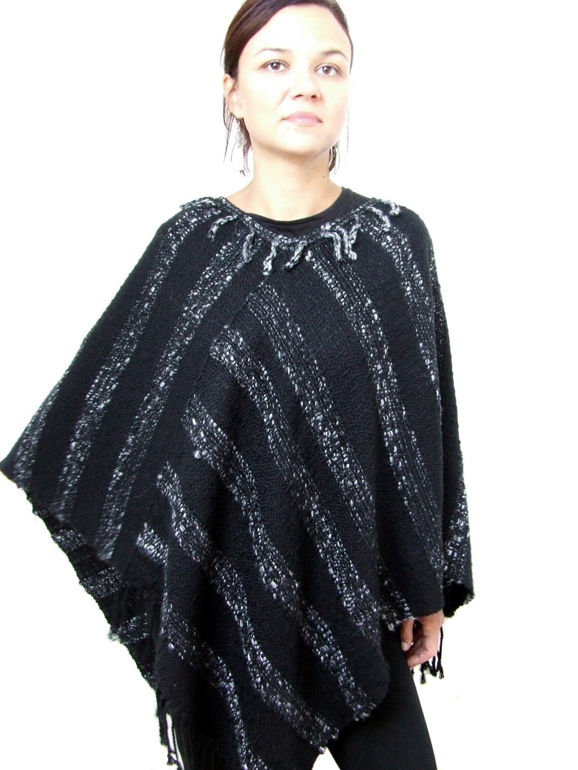 Handwoven Black Poncho Handmade Black Wool Poncho Poncho Sweater Woven ...