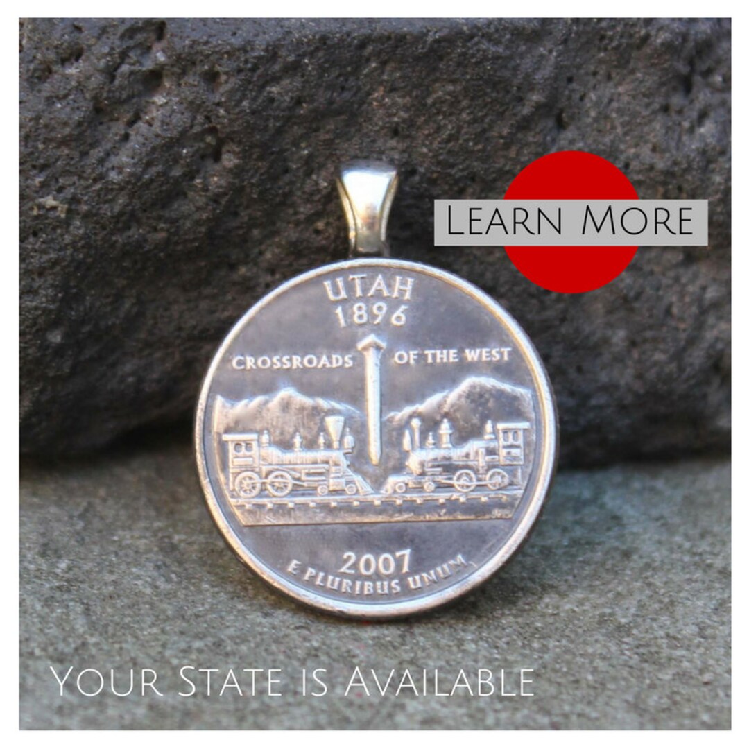 Utah Quarter Pendant Necklace: Golden Spike Coin Jewelry, Silver Chain ...
