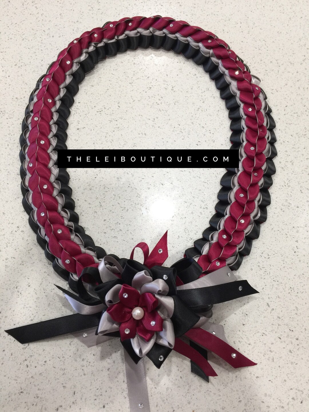 Graduation Lei Black Silver Maroon Double Braided Satin Lei With ...