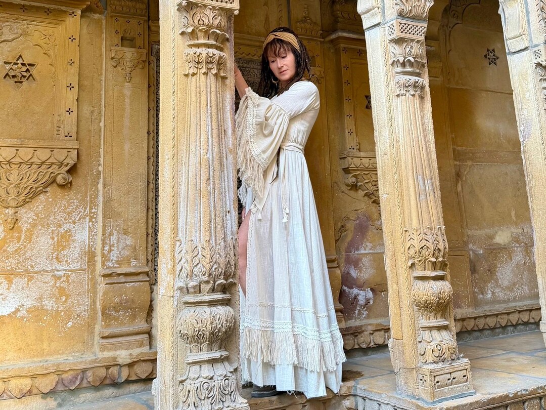 Ceremonial Priestess Robe Dress, Slub Cotton Fringe Gown, Handmade ...