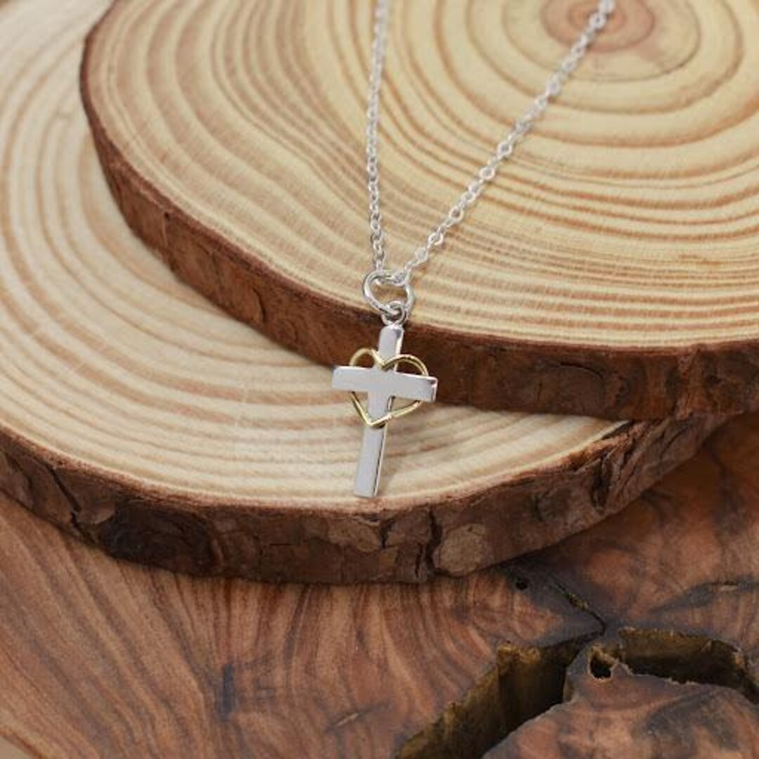Sterling Silver First Communion Cross Necklace With Bronze Heart - Etsy