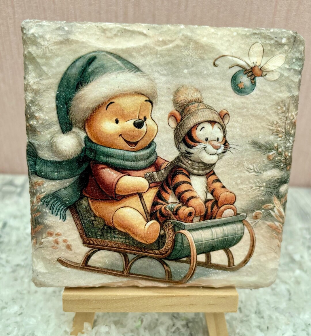 Cute Pooh Bear and Tigger Christmas Handmade Decoupage Natural Slate ...
