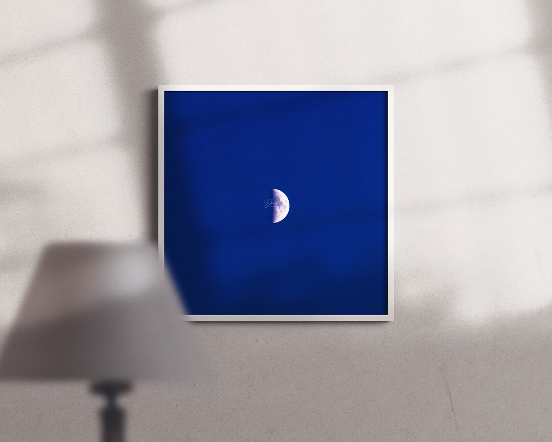 Moon Photo Print Blue Wall Art Square Half Moon Framed Photo Canvas ...