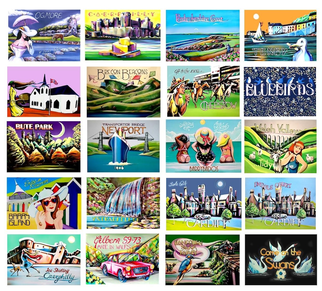 10 Welsh Themed Art-nouveau Postcards, Mix and Match. Welsh Funny Gift ...