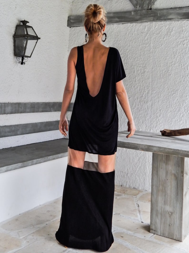 Black Maxi Dress: Open Back, Leg Cut Out, Viscose Kaftan - Etsy