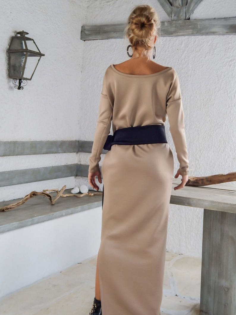Handmade Beige Neoprene Maxi Dress With Belt & Pockets - Etsy