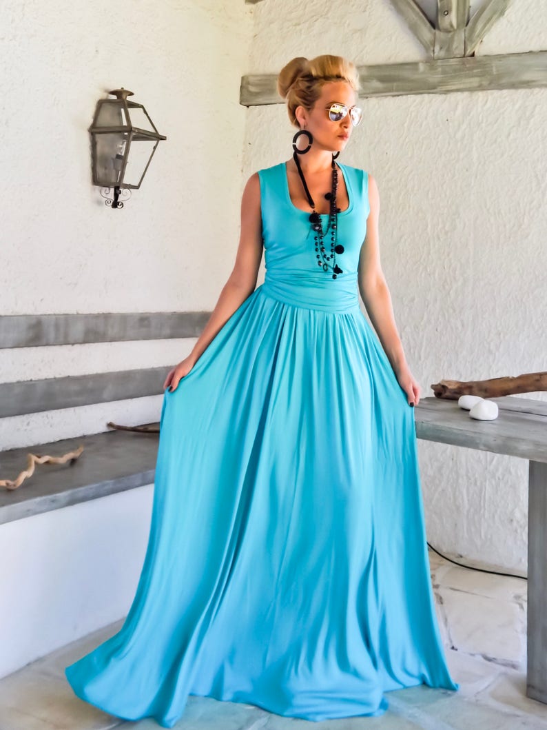 Turquoise Viscose Maxi Dress With Belt, Handmade Plus Size Evening Gown ...