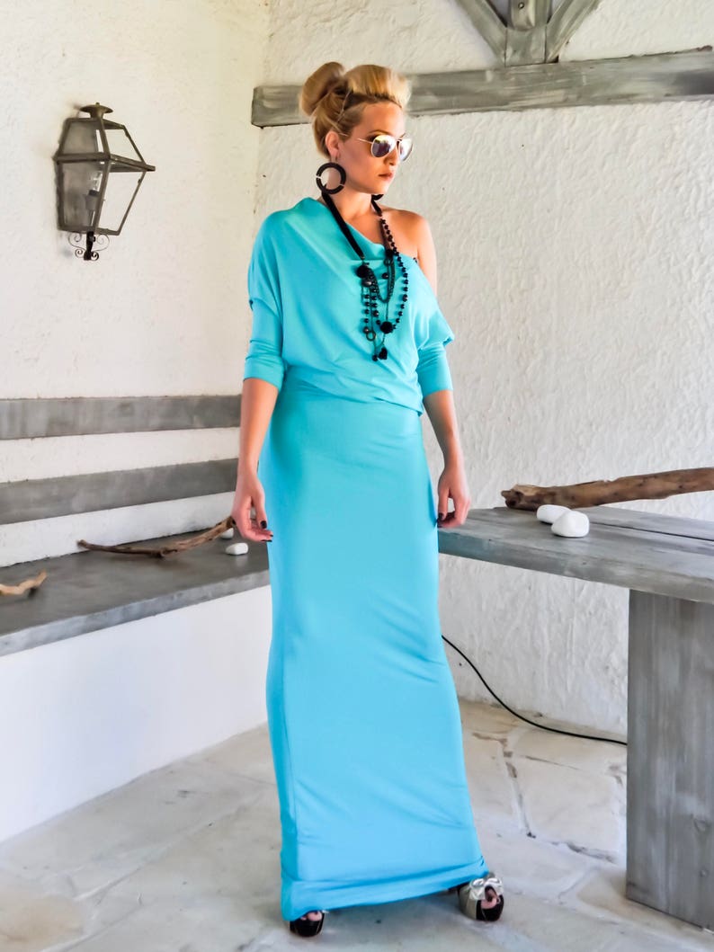 Turquoise Viscose Maxi Dress, Asymmetric Evening Gown, Plus Size - Etsy