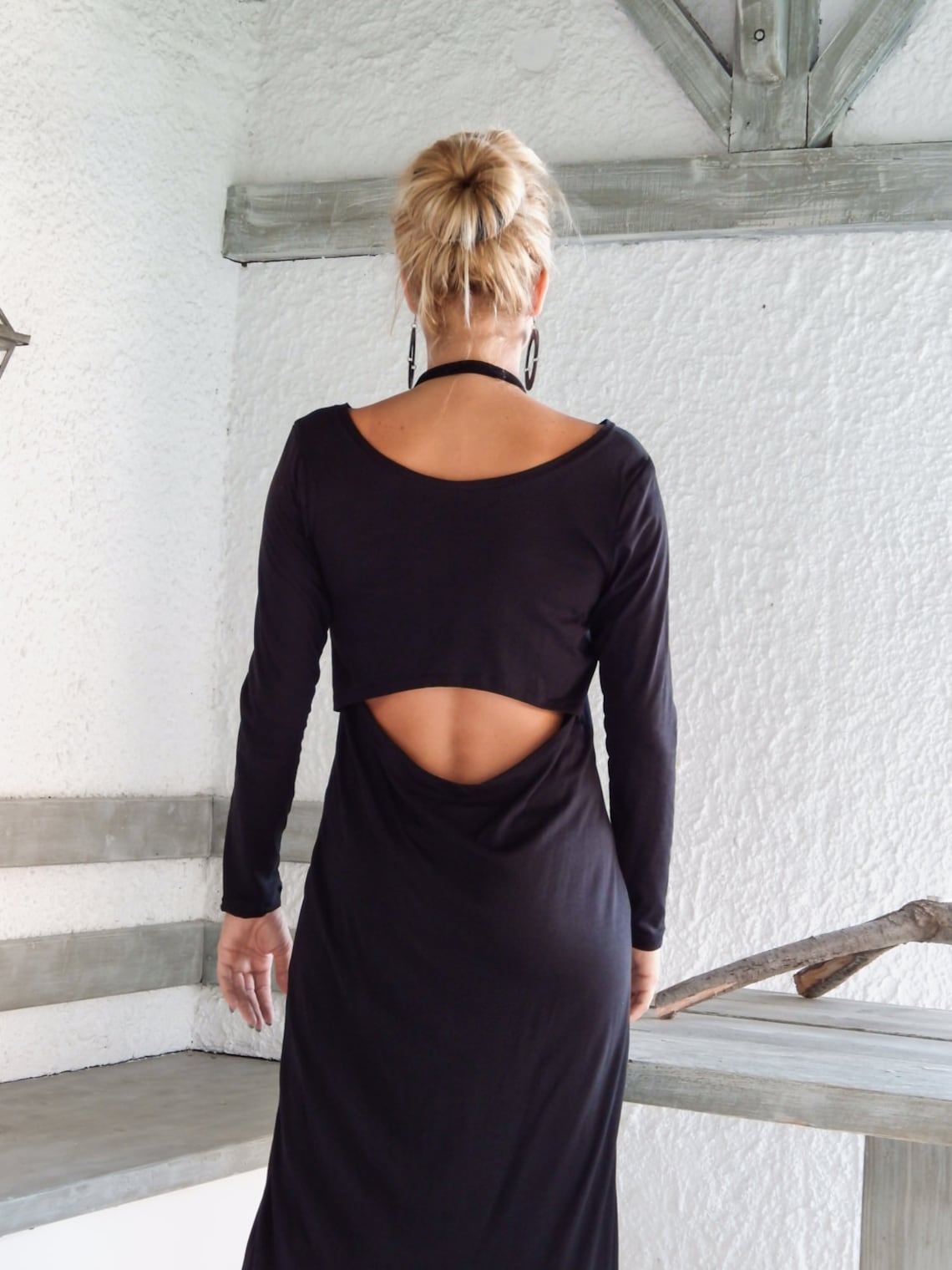 Black Maxi Dress With Back Cut Out, Women Long Sleeve Cotton Viscose ...