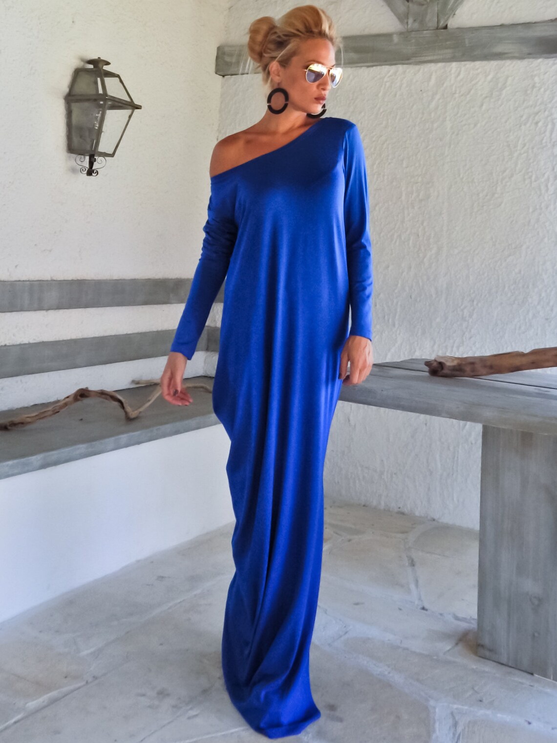Blue Viscose Open Back Maxi Dress: Plus Size Long Sleeve Caftan - Etsy