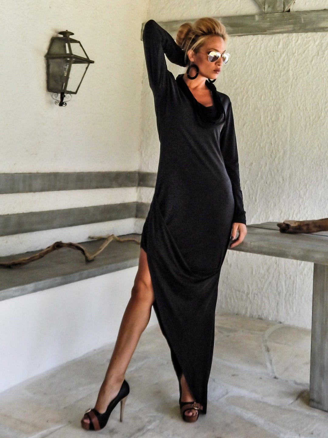 Off Black Leg Cut Out Dress / Black Asymmetric Dress / Asymmetric ...