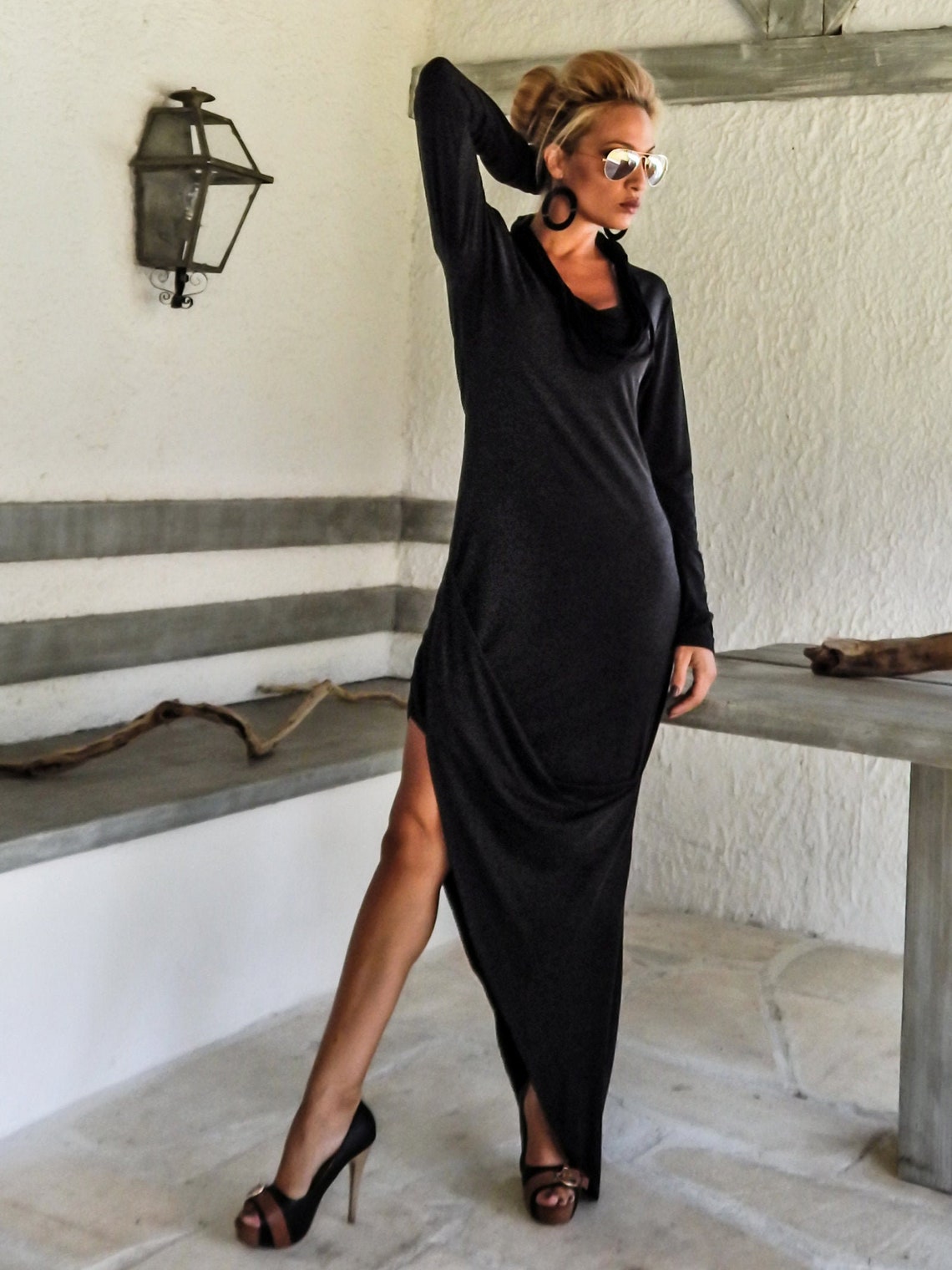 Off Black Leg Cut Out Dress / Black Asymmetric Dress / Asymmetric ...