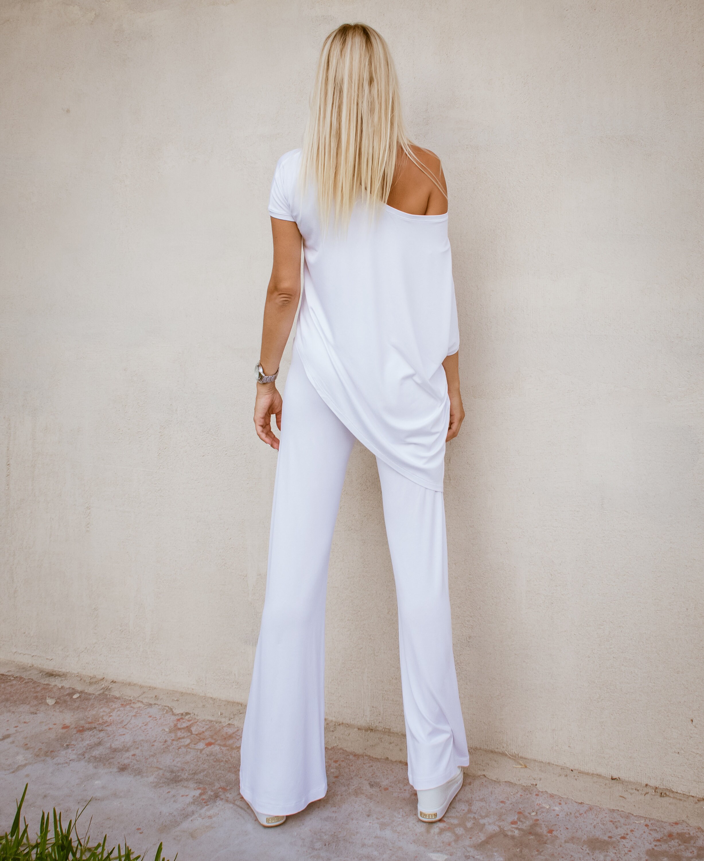 White Cotton Viscose Women's Outfit: White Asymmetric Top, Wide Leg ...