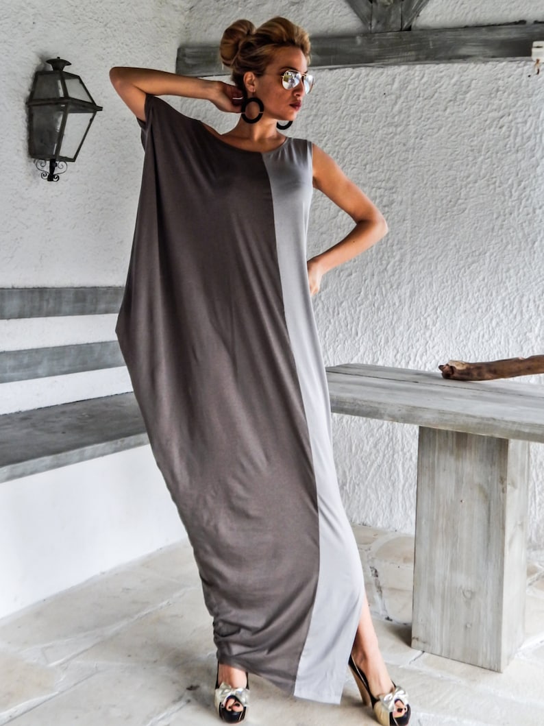 Gray Colorblock Maxi Dress / Gray Kaftan / Long Dress / Plus Size Dress ...