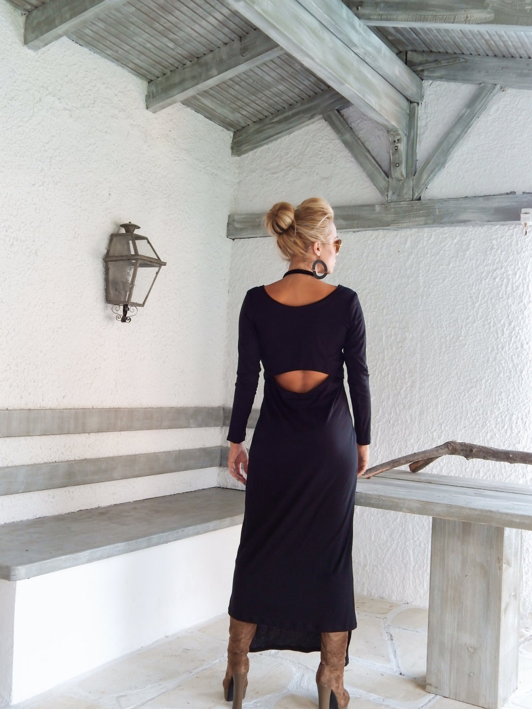 Black Maxi Dress With Back Cut Out, Women Long Sleeve Cotton Viscose ...
