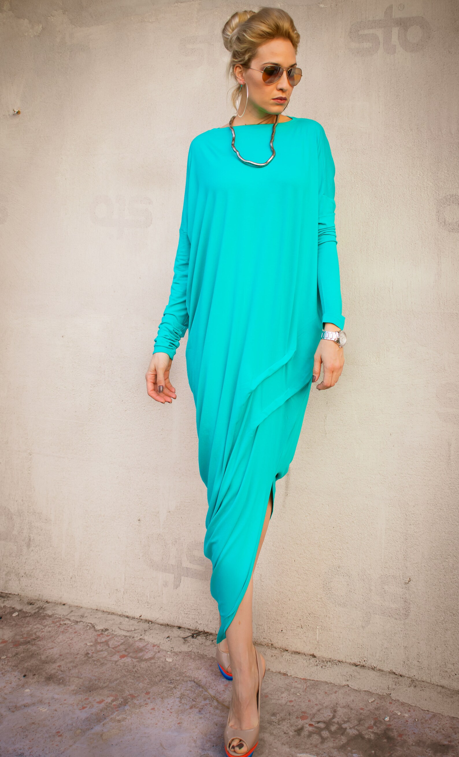 Turquoise Cotton Viscose Maxi Dress, Asymmetrical Kaftan, Plus Size - Etsy