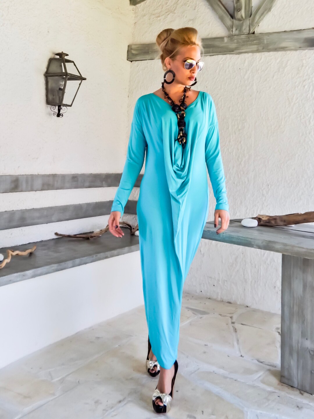 Turquoise Viscose Maxi Dress, Long Sleeve Kaftan, Plus Size - Etsy